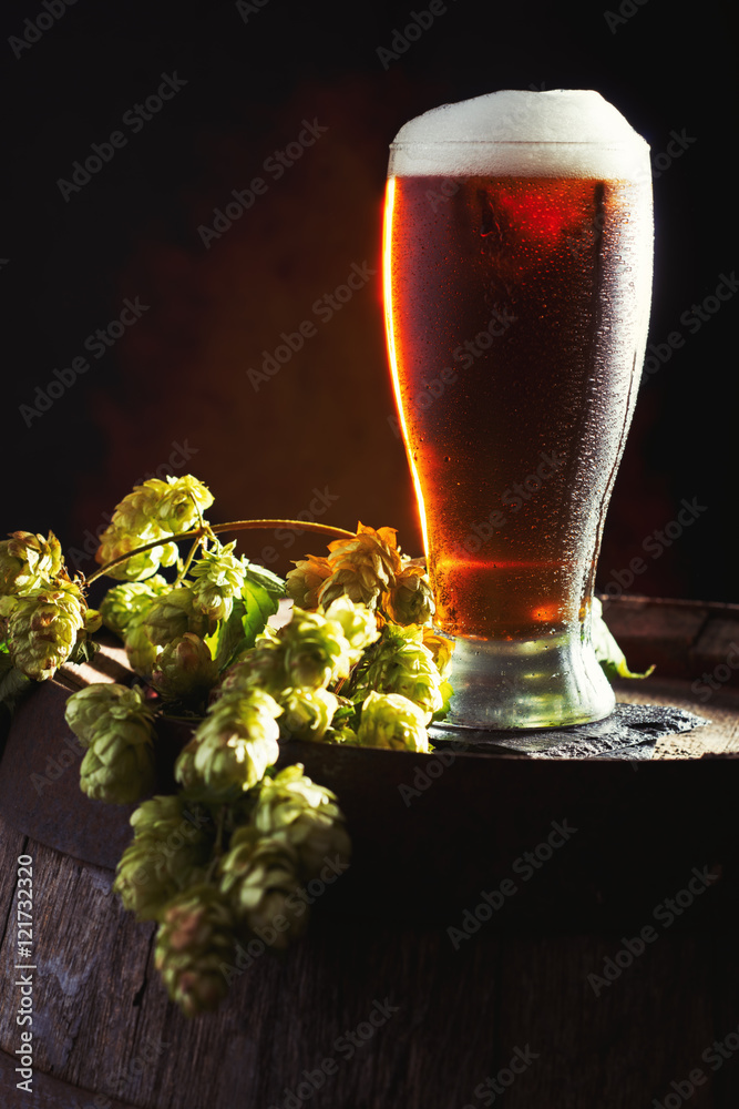 Beer & Hops On Barrel Stock Photo | Adobe Stock