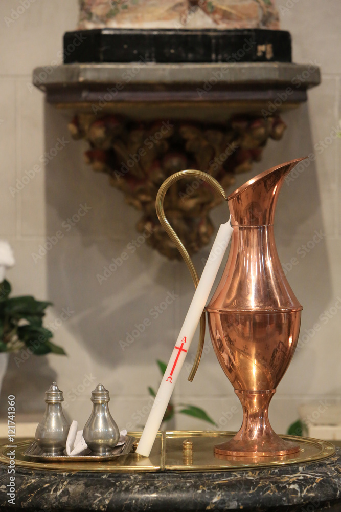 Objets liturgiques. Baptême. / Liturgical objects. Baptism. Stock Photo ...