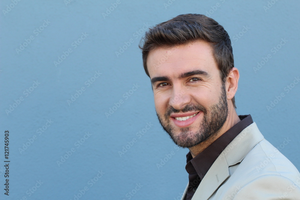 Headshot smiling modern man, creative professional isolated on blue ...