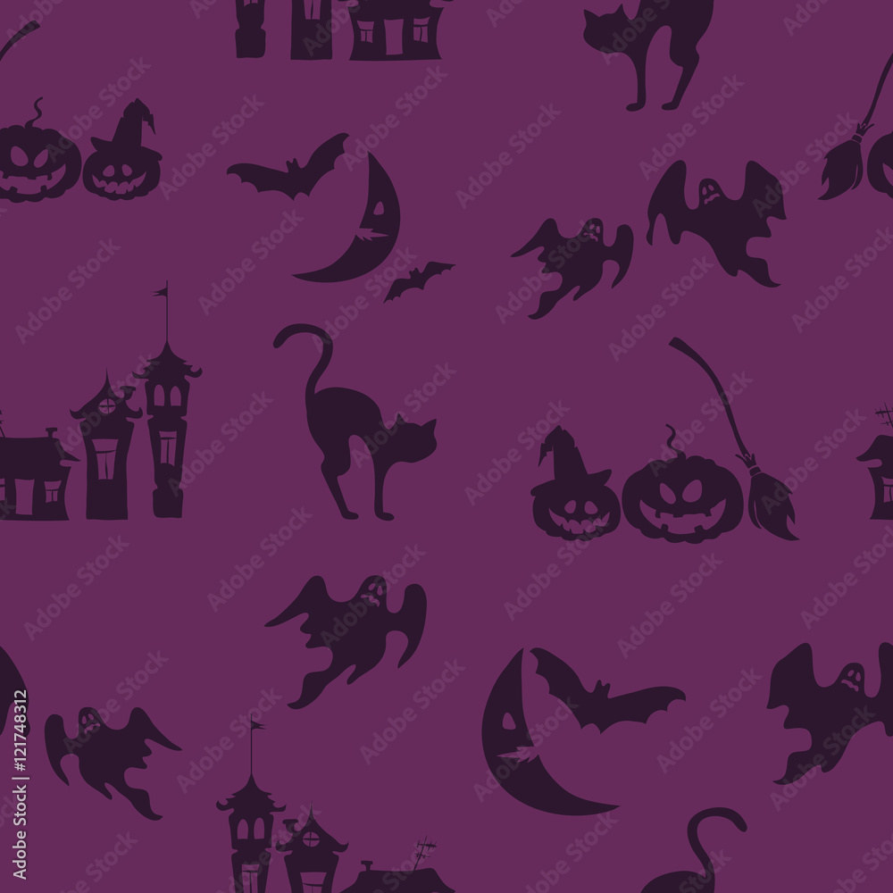 Purple Halloween vector background with ghosts, doodle houses, pumpkins ...