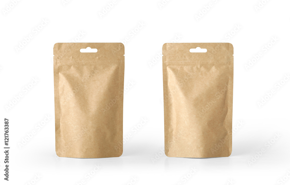 Craft paper pouch bag front and back view isolated on white background ...