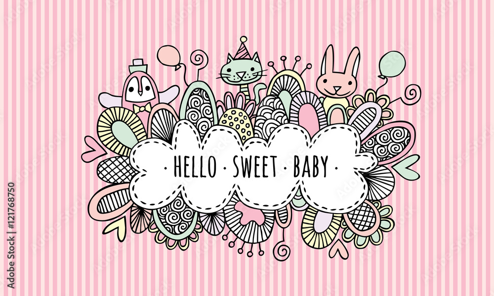 Hello Sweet Baby Girl Hand Drawn Doodle Vector illustration with the ...