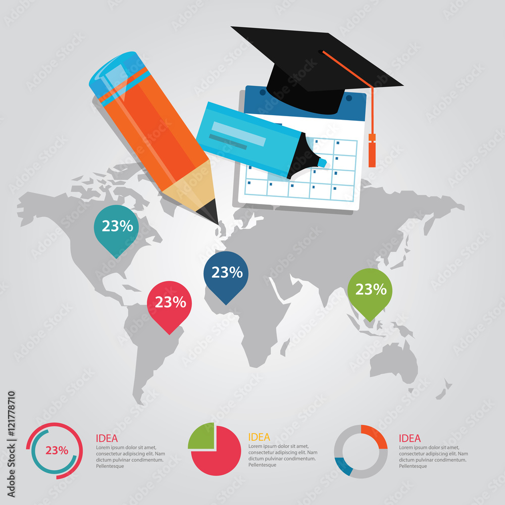education info graphic world map statistics cap pencil calendar ...