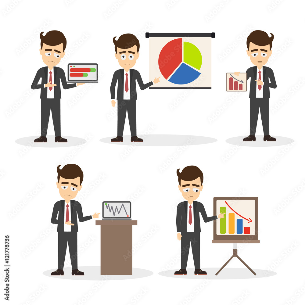 Sad businessman with presentation set. Isolated sad and confused ...