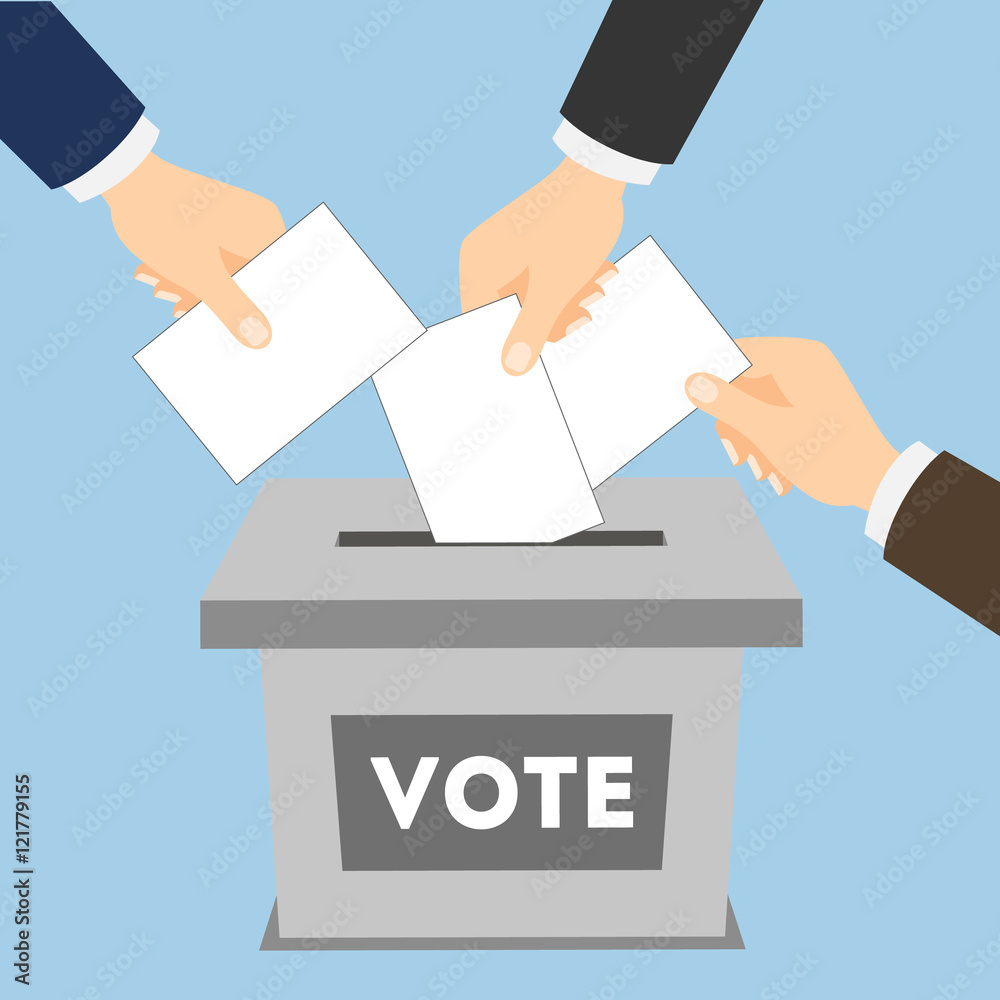 Isolated ballot box with vote paper on blue background. Concept of ...