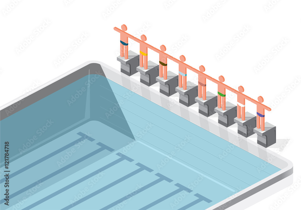 Isometric swimming pool with swimmers. Sportsmen on springboard prepare ...