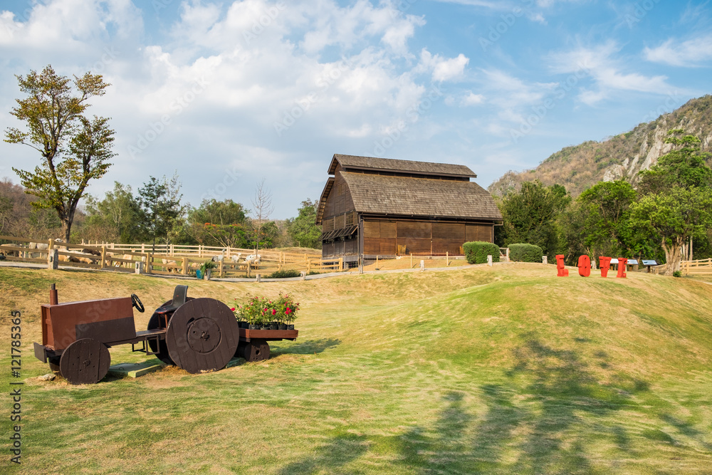 Livestock barn wooden with cart in slope farm, Primo Piazza, Khao Yai ...