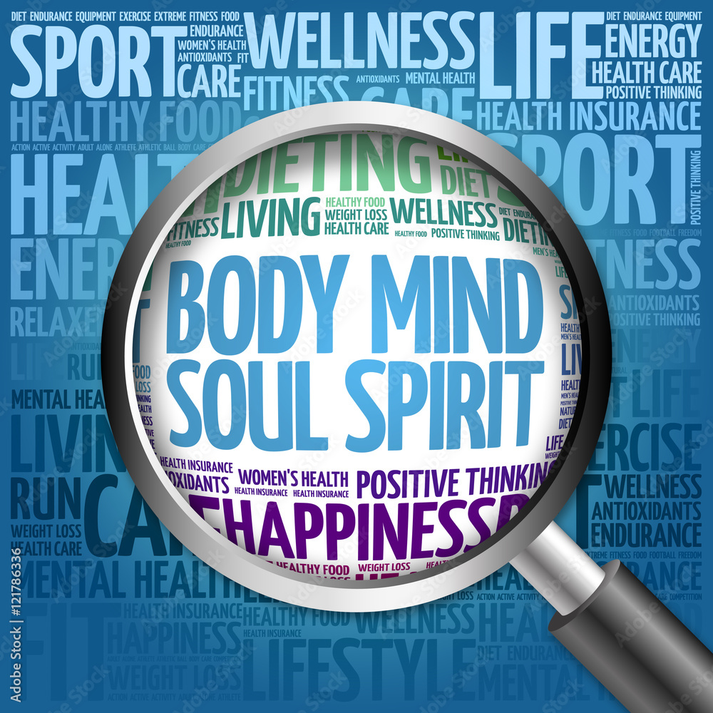 Body Mind Soul Spirit word cloud with magnifying glass, health concept ...