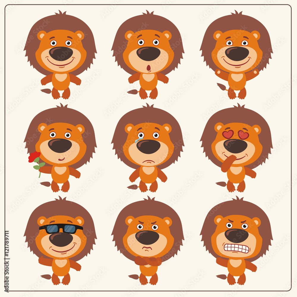 Vector set isolated emotion lion. Collection cute lion in cartoon style ...