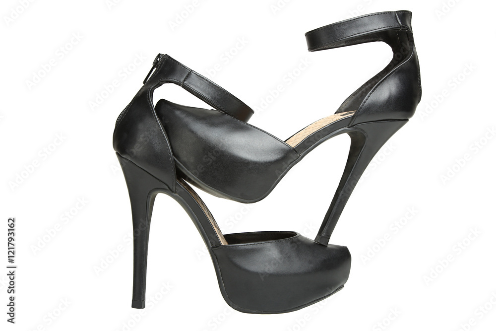Female black shoes with black high heels isolated on white background ...