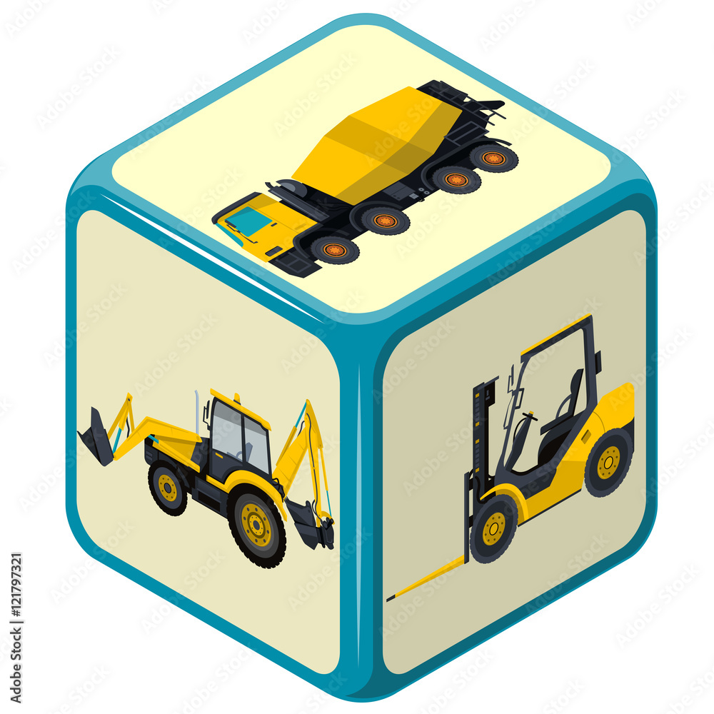 Playing isometric dice. Construction machinery game. Color full cube on ...