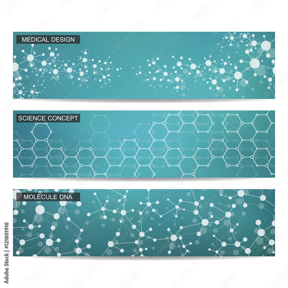 Set of modern scientific banners. Molecule structure DNA and neurons ...