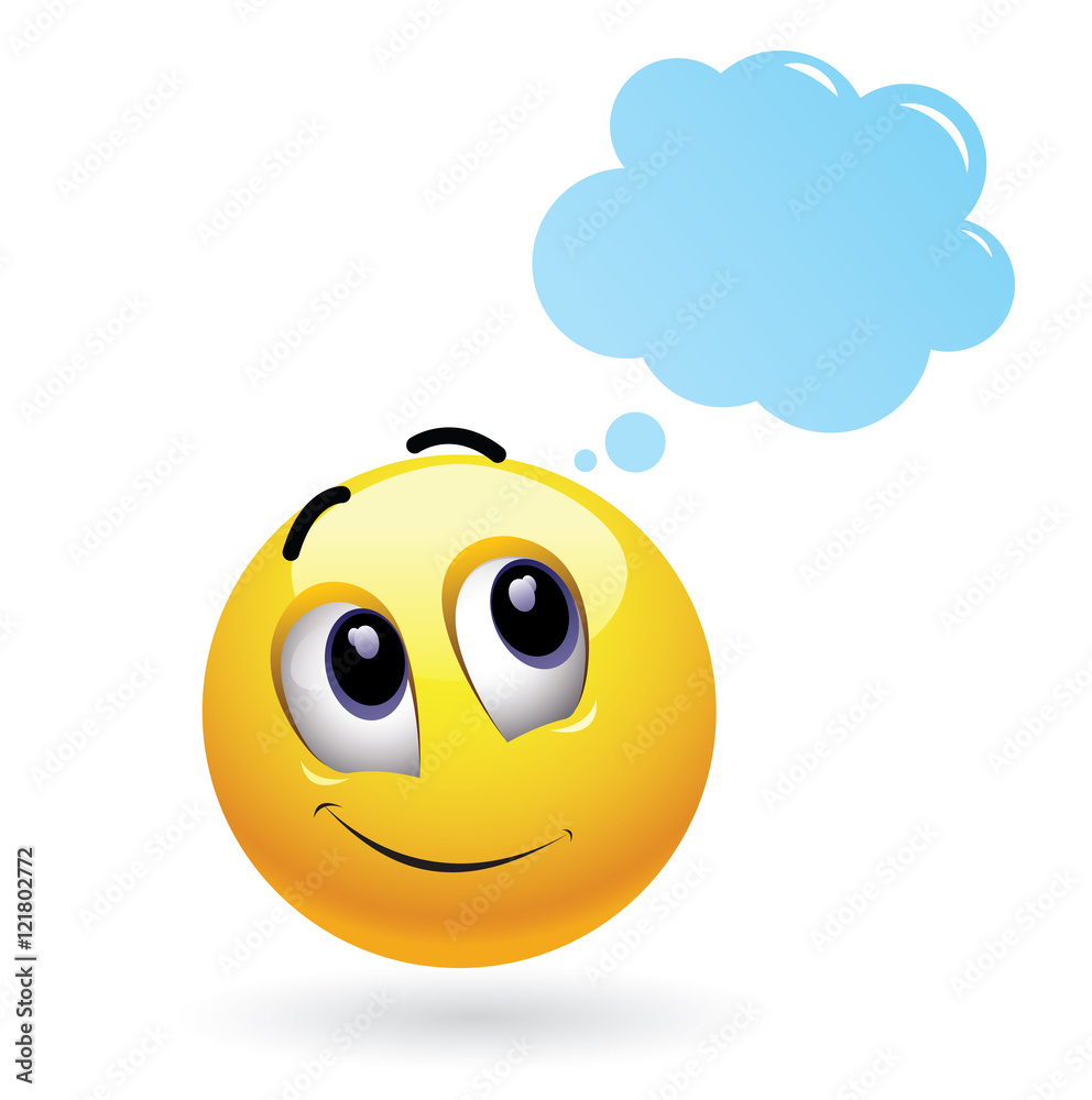 Smiley and imagination. Vector illustration of thoughtful smiley with ...