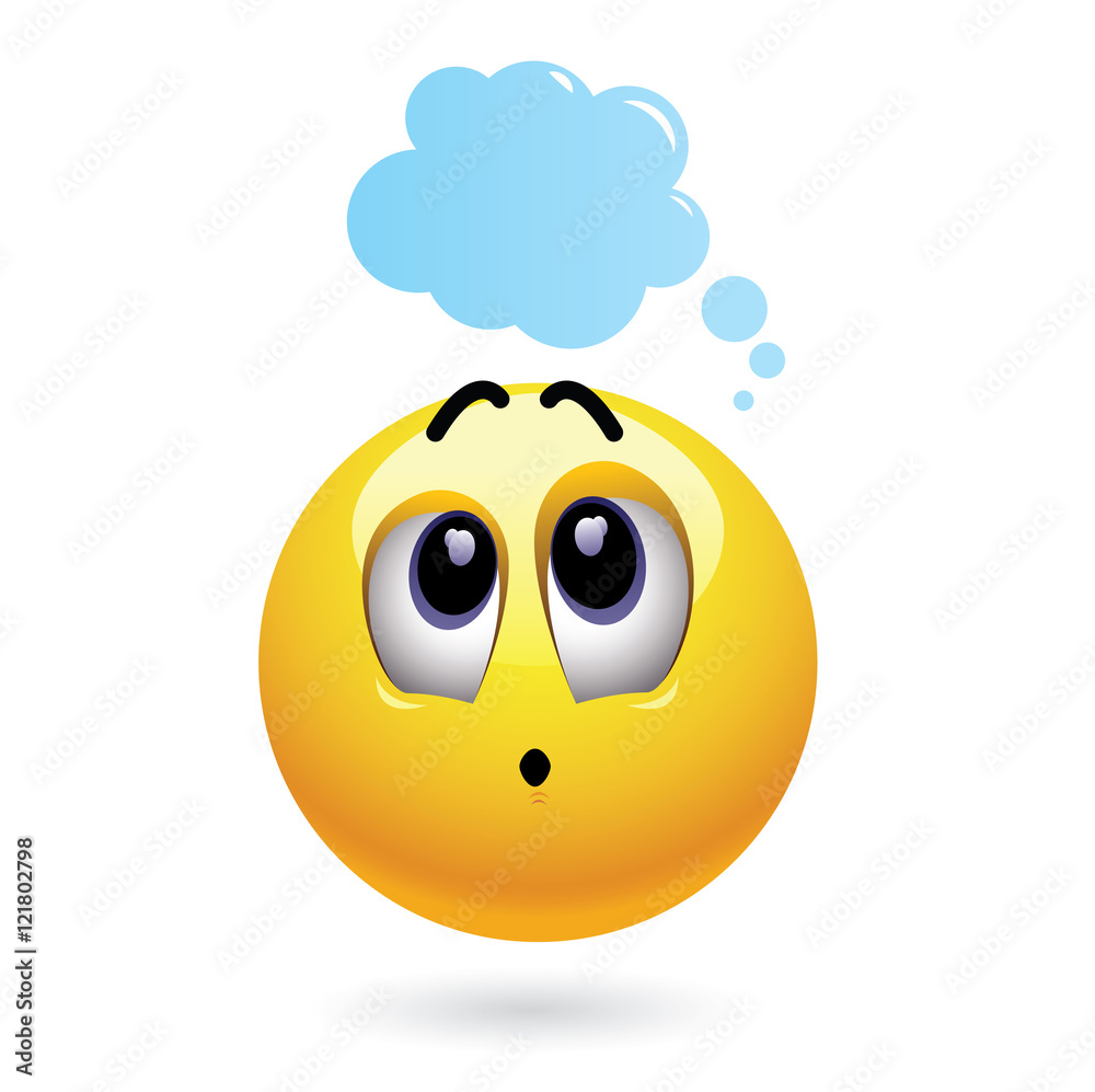 Smiley and imagination. Vector illustration of thoughtful smiley with ...