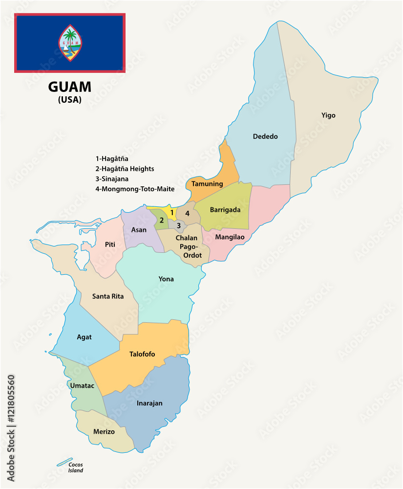 Guam administrative map with flag Stock Vector | Adobe Stock