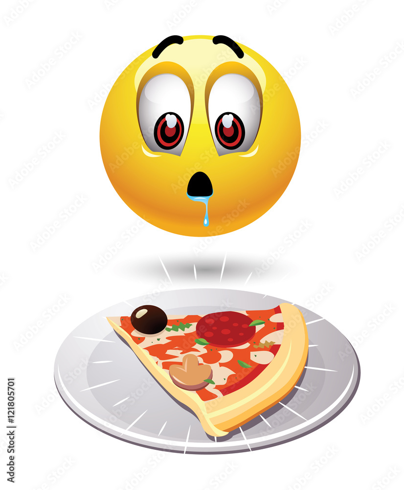 Hungry smiley looking at tasty pizza. Humoristic illustration of food ...