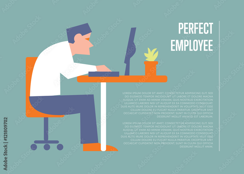 Perfect employee banner with businessman sitting at table and working ...