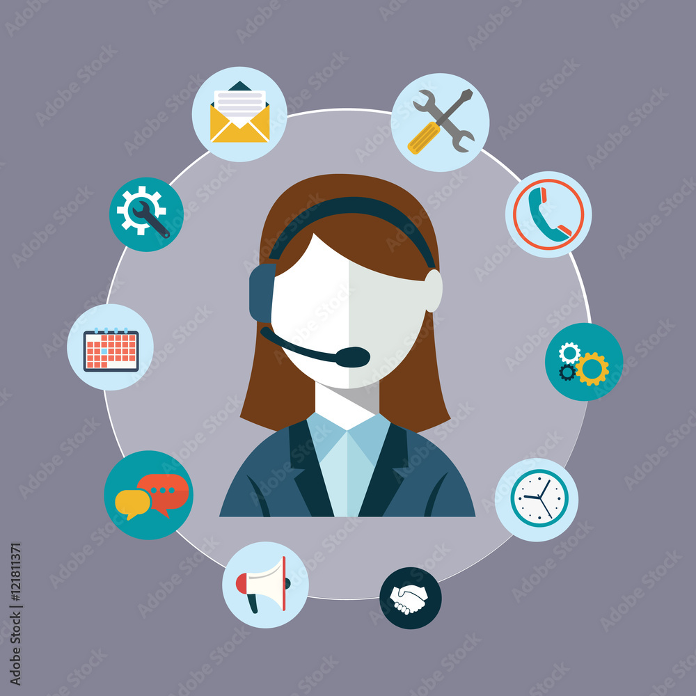 Business customer care service concept flat icons set of contact us ...