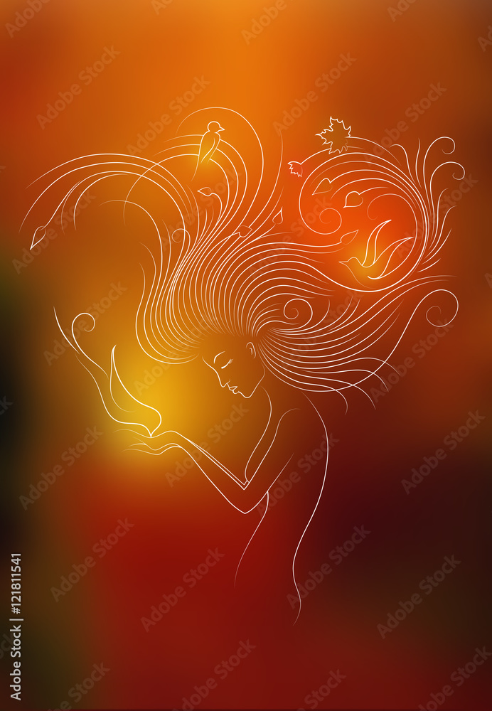 Autumn Style Fantasy Outline Sketch of Young Woman with Long Red Curly ...