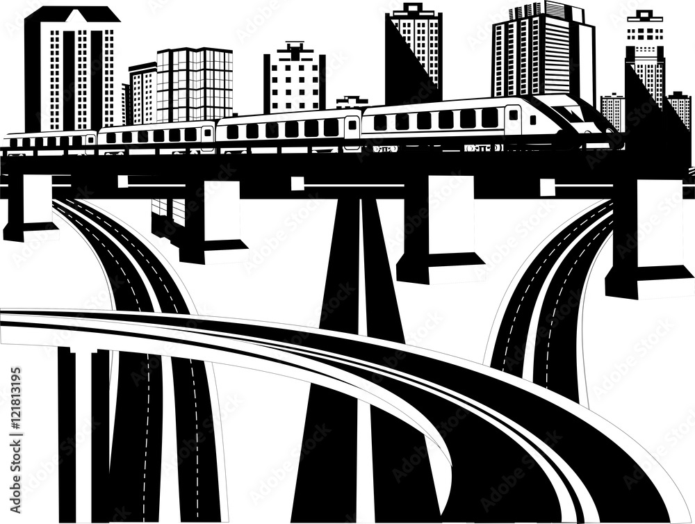 City buildings and train on railroad vector monochrome illustration ...