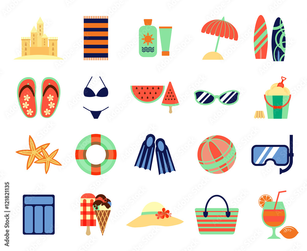 Beach summer vacation flat icons. Vector summertime signs Stock Vector ...