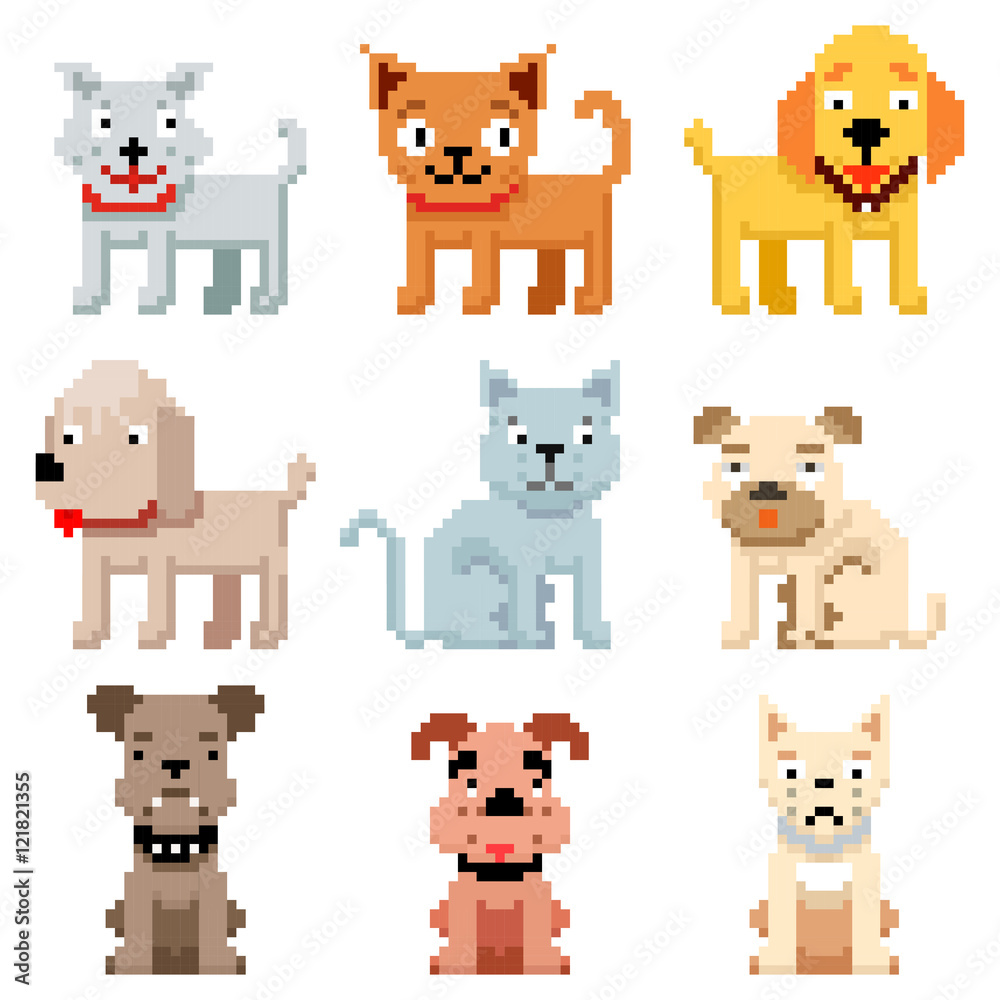 Pixel art pets icons. 8 bit dogs and cats vector Stock Vector | Adobe Stock