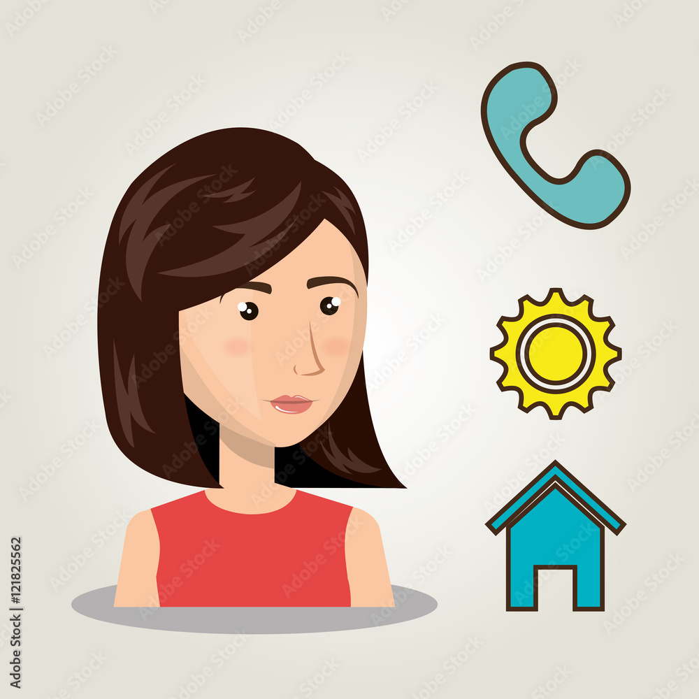 avatar woman with mobile chat and social media icon set. vector ...
