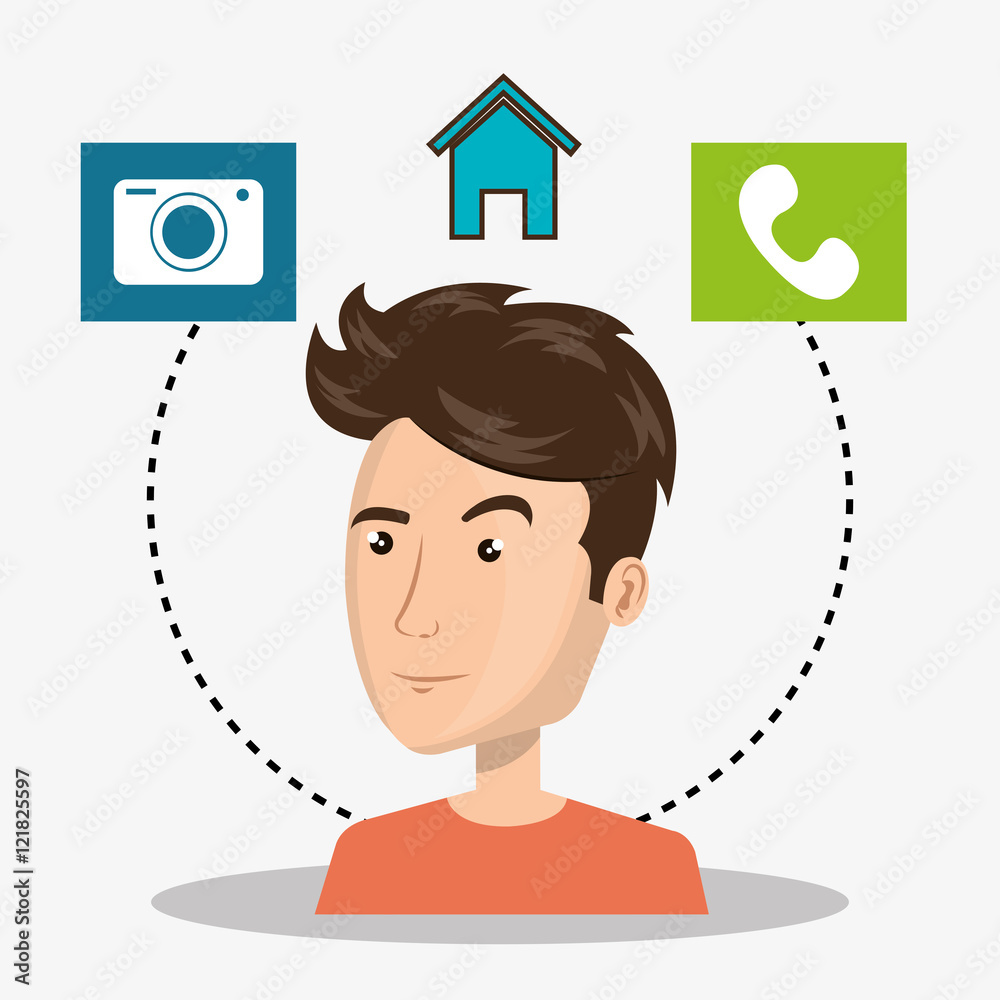 avatar man with mobile chat and social media icon set. colorful design ...