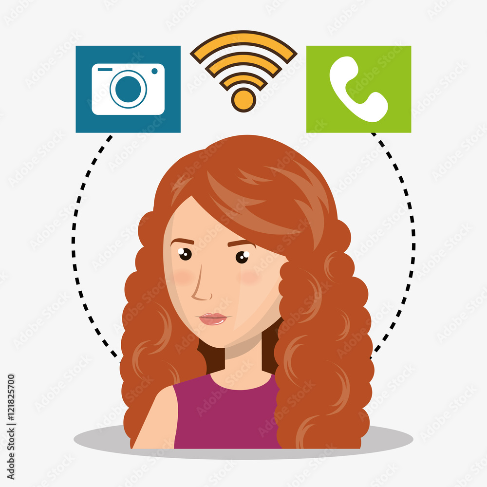 avatar woman with mobile chat and social media icon set. vector ...