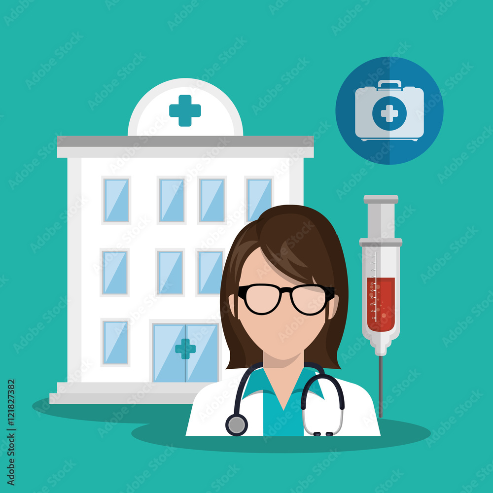 hospital center and avatar woman doctor with stethoscope and medicine ...