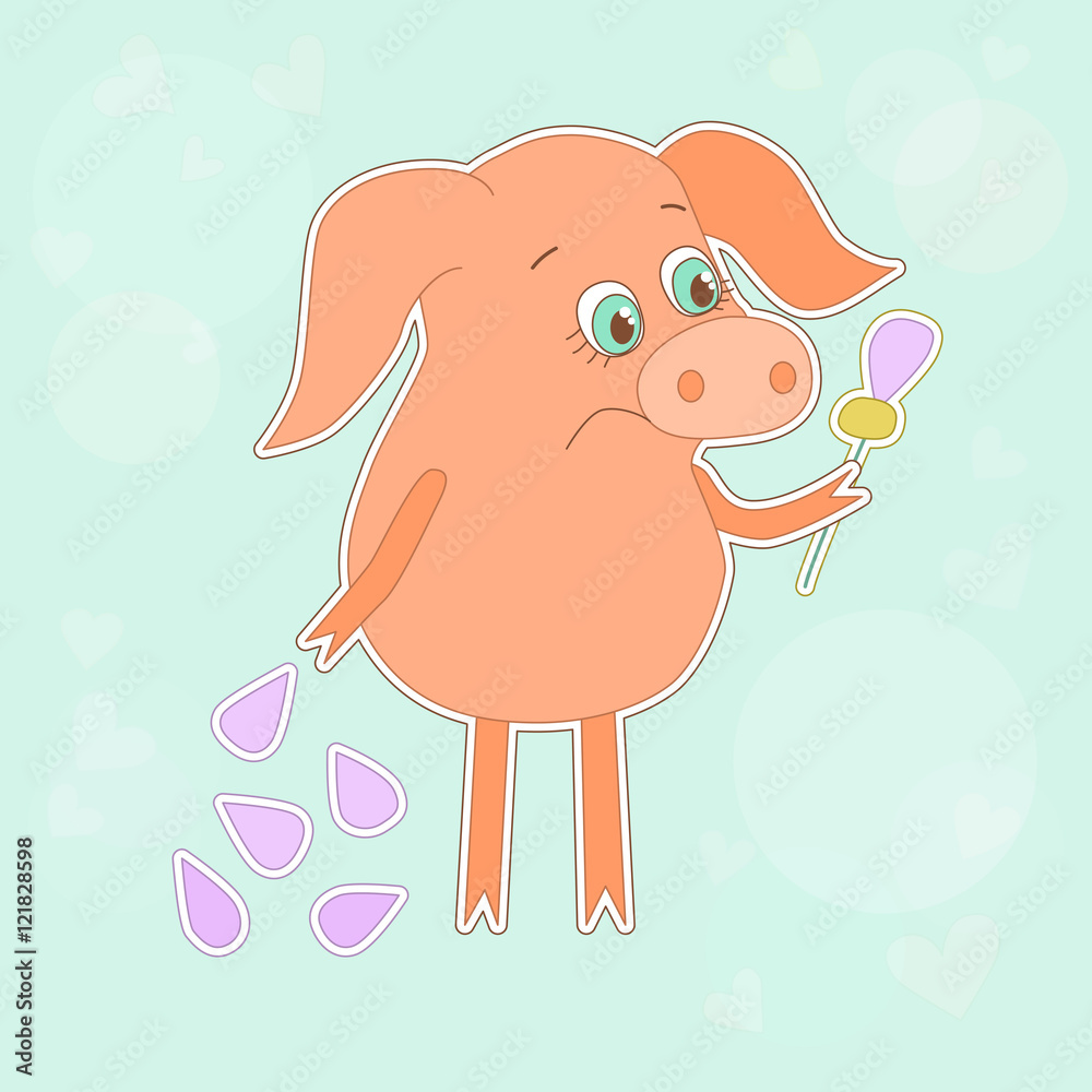 Sad pig with a flower in a hand. Cute piggy in cartoon style on blue ...
