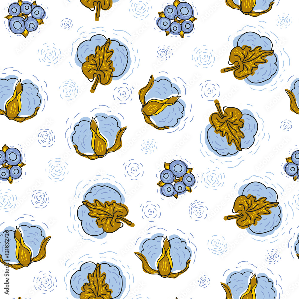 Cotton.Seamless pattern. Vector sketch of a flower bolls of cotton ...