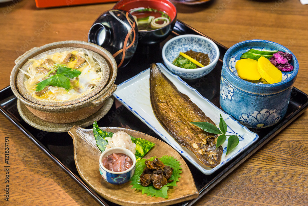 Luxurious Japanese meal set - broiled sole fish and boiled loach Stock ...