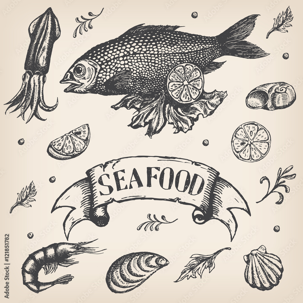 Hand drawn sketch set of seafood. Vector illustration Stock Vector ...