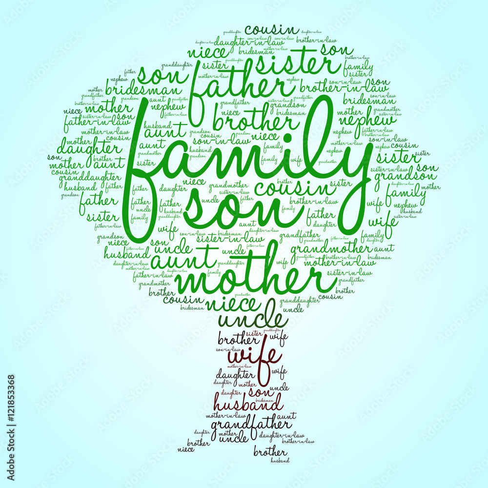 Family word cloud in shape of tree, social concept, blue background ...