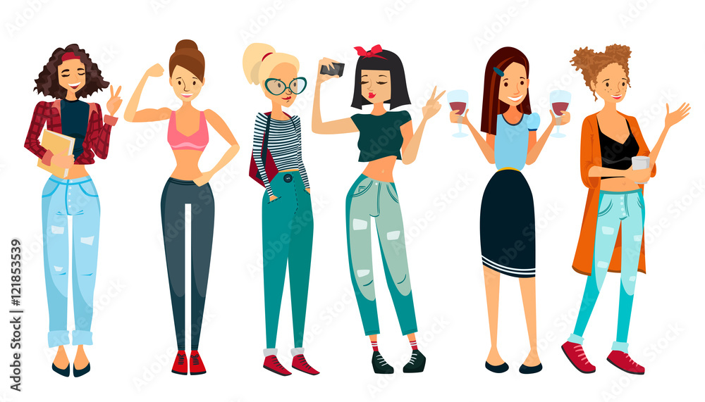 Vector People Illustration with Six Beautiful Women: Student Girl ...