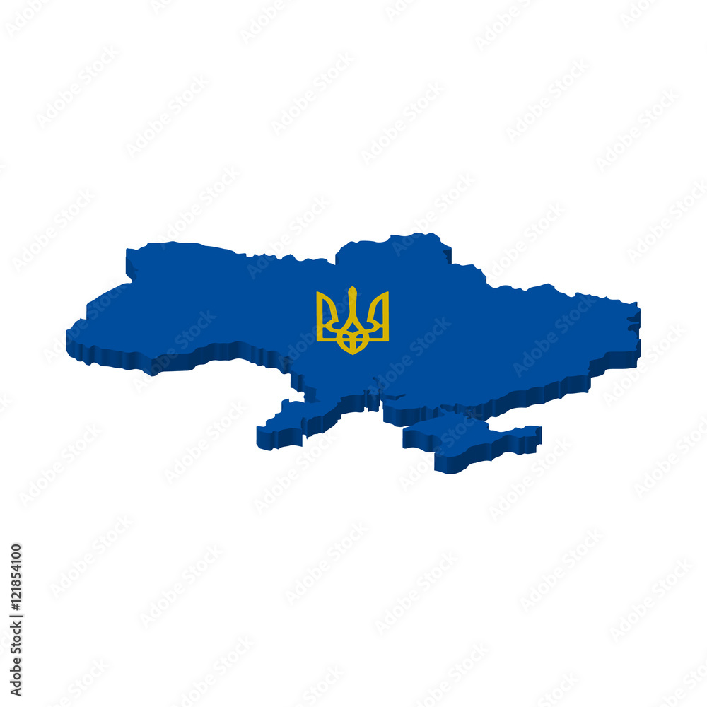 Isometric map of Ukraine with trident. National symbols of Ukraine ...