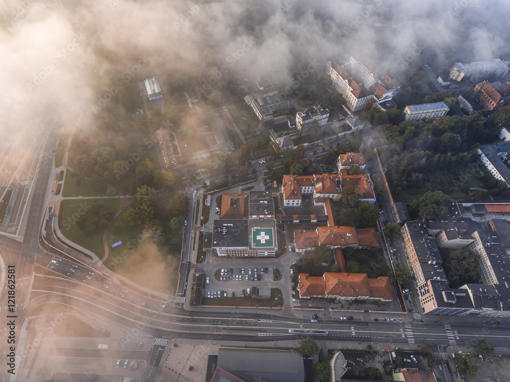 Aerial view of hospital with clouds from sky. Photo like maps of ...
