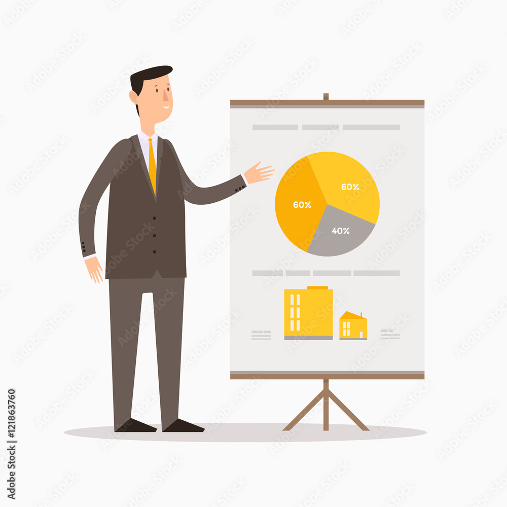 Cartoon businessman showing graph or presenting growing business. Board ...