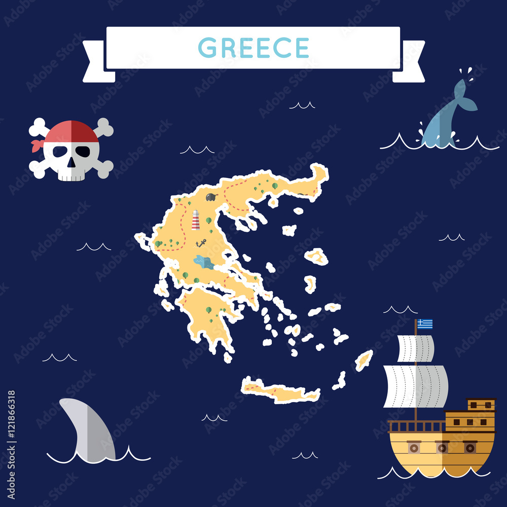 Flat treasure map of Greece. Colorful cartoon with icons of ship, jolly ...