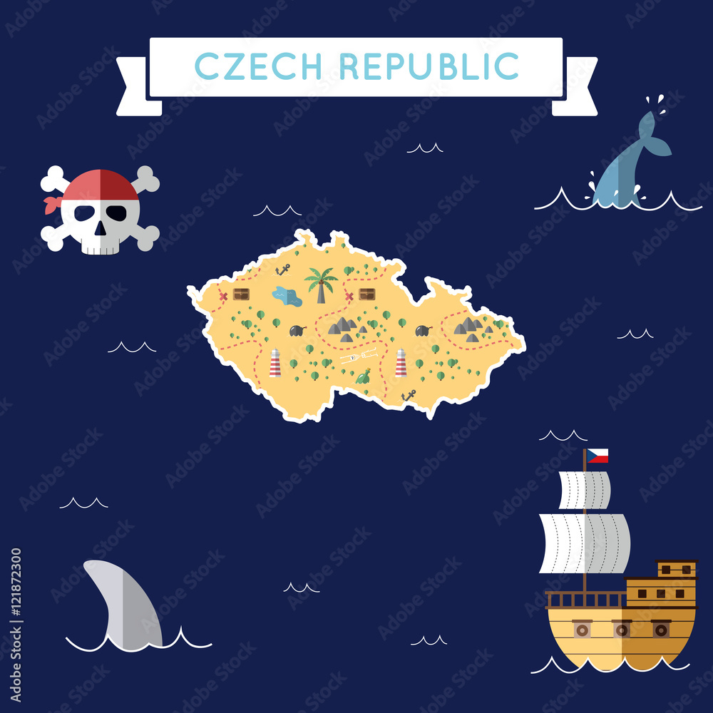 Flat treasure map of Czech Republic. Colorful cartoon with icons of ...
