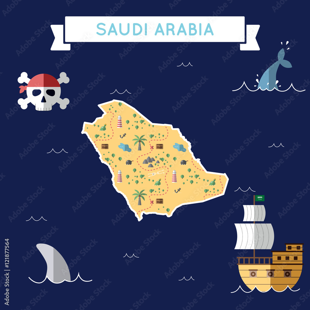 Flat treasure map of Saudi Arabia. Colorful cartoon with icons of ship ...