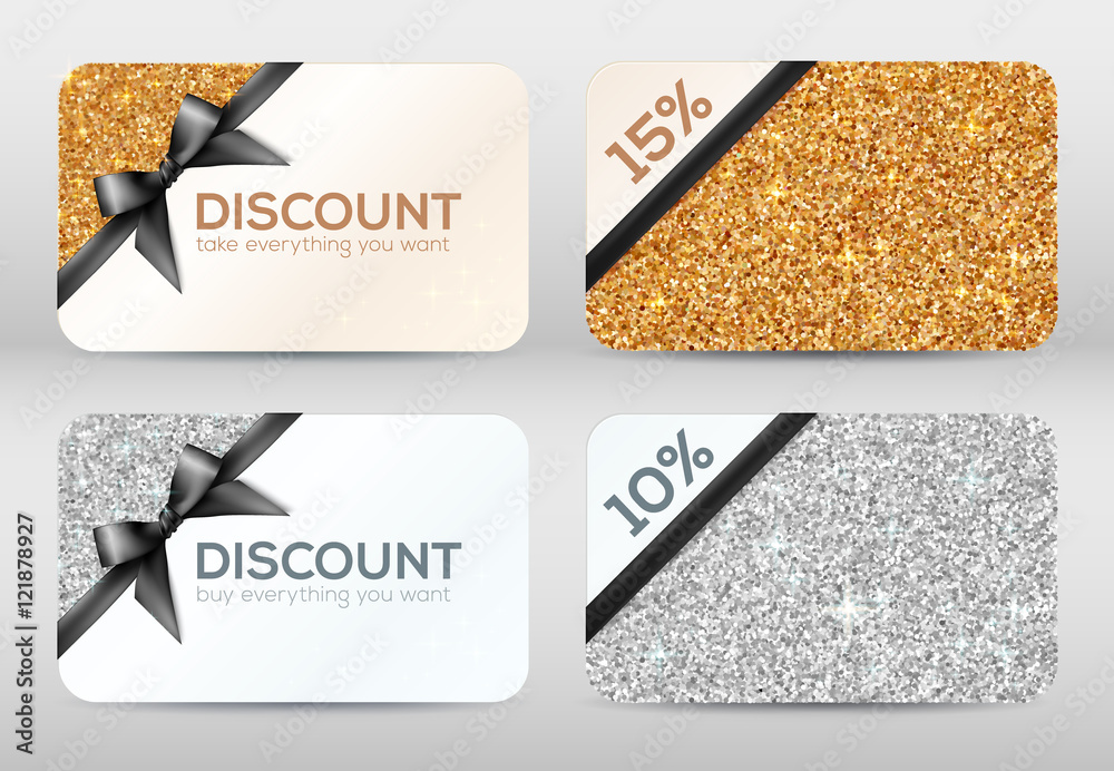Set of golden and silver glitter vector discount cards templates with ...