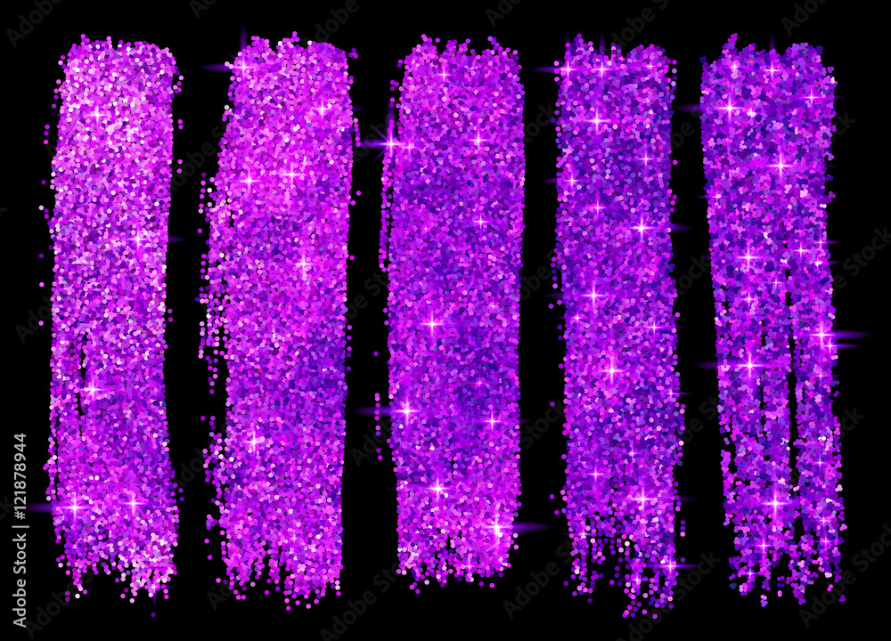 Violet glitter vector brush strokes set isolated at black background ...