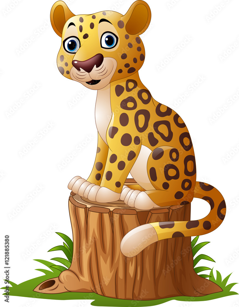 Cartoon leopard sitting on tree stump Stock Vector | Adobe Stock