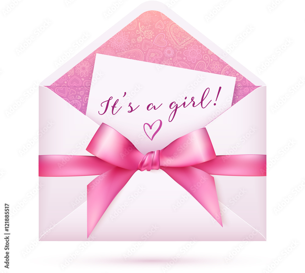 Pink baby girl shower vector envelop with bow Stock Vector | Adobe Stock