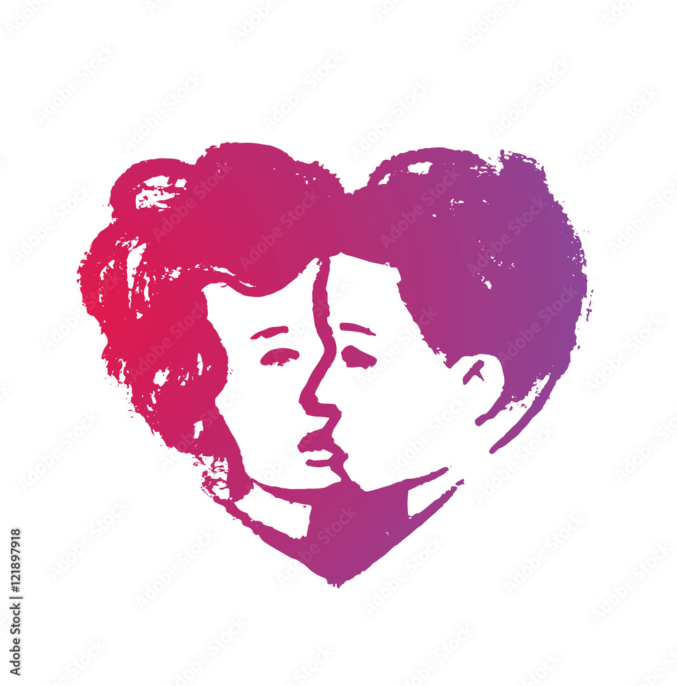Vector hand-drawn grunge brush strokes of silhouette of a kissing ...