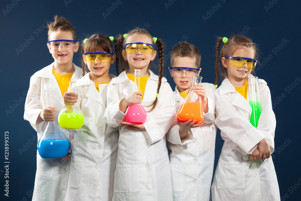 Group happy kids doing science experiments in the laboratory. Stock ...