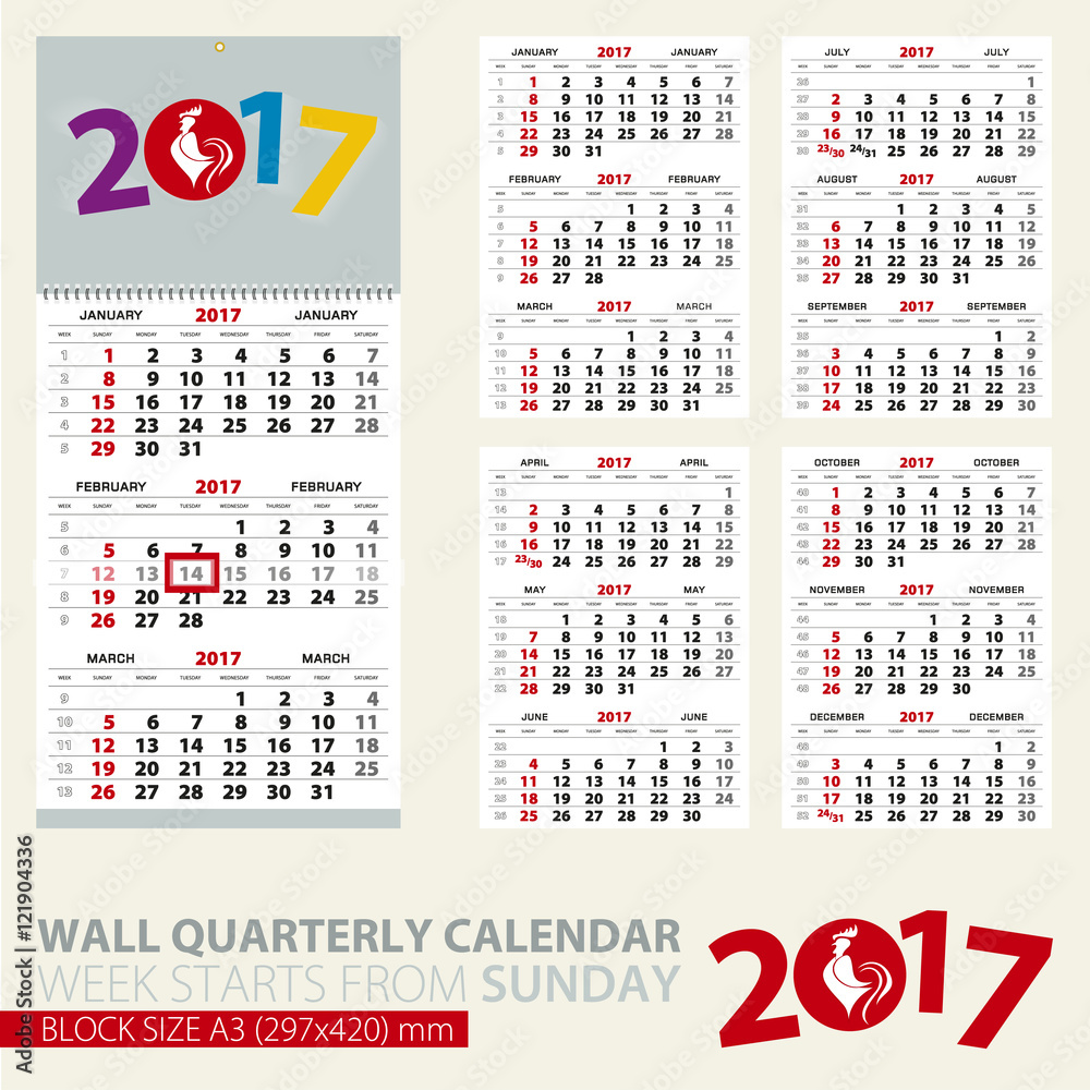 Calendar for 2017 year. Print template of wall quarterly calendar ...