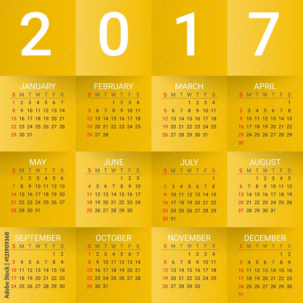 Calendar for 2017 Year on Yellow Background. Week starts from sunday ...